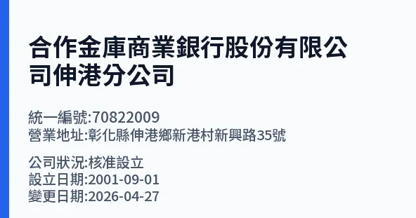 合作金庫商業銀行股份有限公司伸港分公司的照片-統編 70822009(彰化縣) 公司登記資料與營業項目詳細圖表