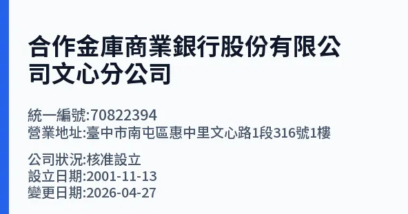 合作金庫商業銀行股份有限公司文心分公司的照片-統編 70822394(臺中市) 公司登記資料與營業項目詳細圖表
