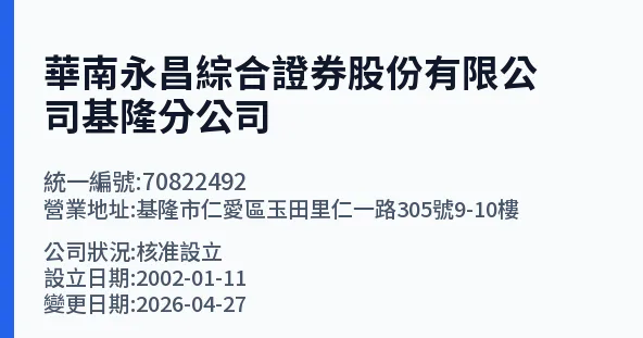 華南永昌綜合證券股份有限公司基隆分公司的照片-統編 70822492(基隆市) 公司登記資料與營業項目詳細圖表
