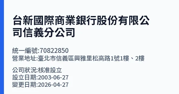 台新國際商業銀行股份有限公司信義分公司的照片-統編 70822850(臺北市) 公司登記資料與營業項目詳細圖表