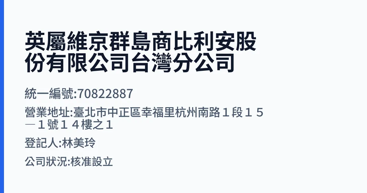 英屬維京群島商比利安股份有限公司台灣分公司 - 統編 70822887(臺北市) 公司登記資料與營業項目詳細圖表