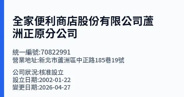 全家便利商店股份有限公司蘆洲正原分公司的照片-統編 70822991(新北市) 公司登記資料與營業項目詳細圖表