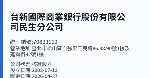 台新國際商業銀行股份有限公司民生分公司的照片-統編 70823112(臺北市) 公司登記資料與營業項目詳細圖表