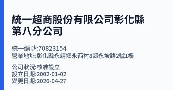 統一超商股份有限公司彰化縣第八分公司的照片-統編 70823154(彰化縣) 公司登記資料與營業項目詳細圖表