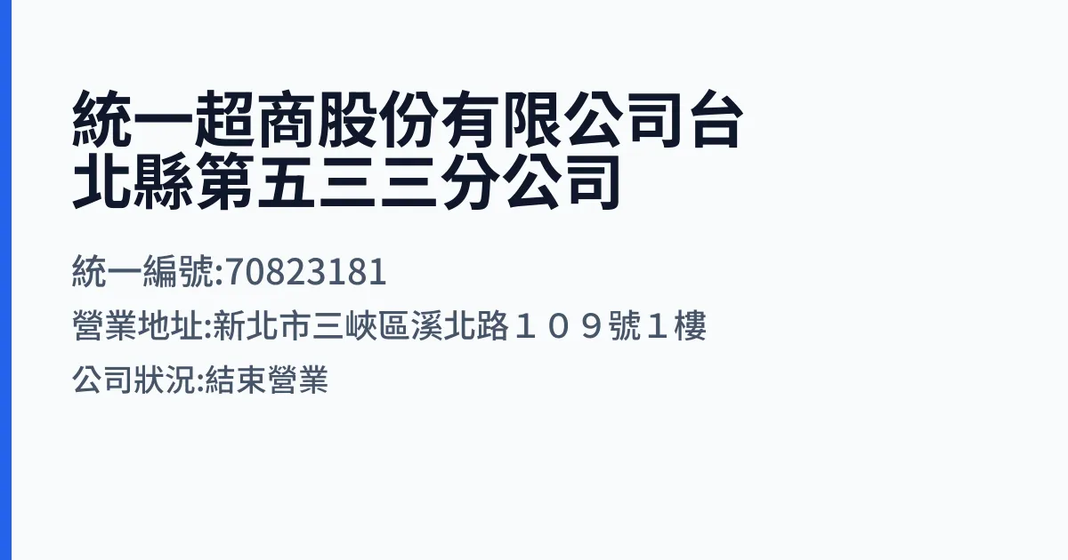 統一超商股份有限公司台北縣第五三三分公司 - 統編 70823181(新北市) 公司登記資料與營業項目詳細圖表