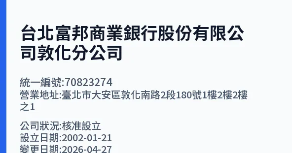 台北富邦商業銀行股份有限公司敦化分公司的照片-統編 70823274(臺北市) 公司登記資料與營業項目詳細圖表