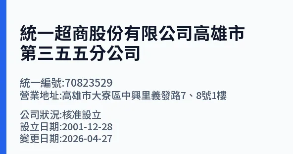 統一超商股份有限公司高雄市第三五五分公司的照片-統編 70823529(高雄市) 公司登記資料與營業項目詳細圖表