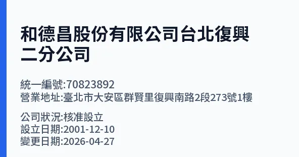 和德昌股份有限公司台北復興二分公司的照片-統編 70823892(臺北市) 公司登記資料與營業項目詳細圖表
