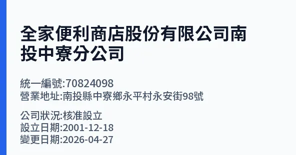 全家便利商店股份有限公司南投中寮分公司的照片-統編 70824098(南投縣) 公司登記資料與營業項目詳細圖表