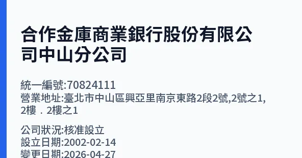 合作金庫商業銀行股份有限公司中山分公司的照片-統編 70824111(臺北市) 公司登記資料與營業項目詳細圖表