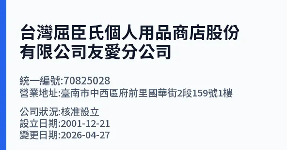 台灣屈臣氏個人用品商店股份有限公司友愛分公司的照片-統編 70825028(臺南市) 公司登記資料與營業項目詳細圖表