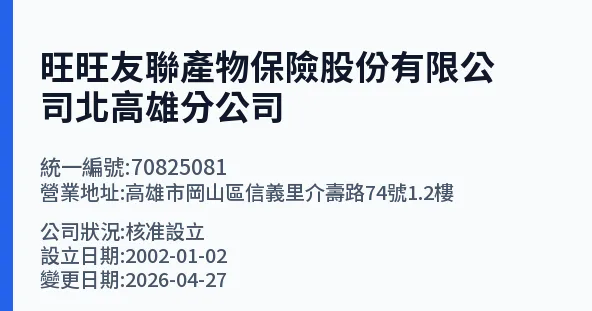 旺旺友聯產物保險股份有限公司北高雄分公司的照片-統編 70825081(高雄市) 公司登記資料與營業項目詳細圖表