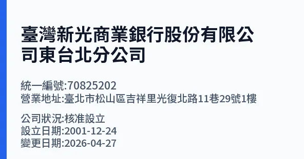臺灣新光商業銀行股份有限公司東台北分公司的照片-統編 70825202(臺北市) 公司登記資料與營業項目詳細圖表