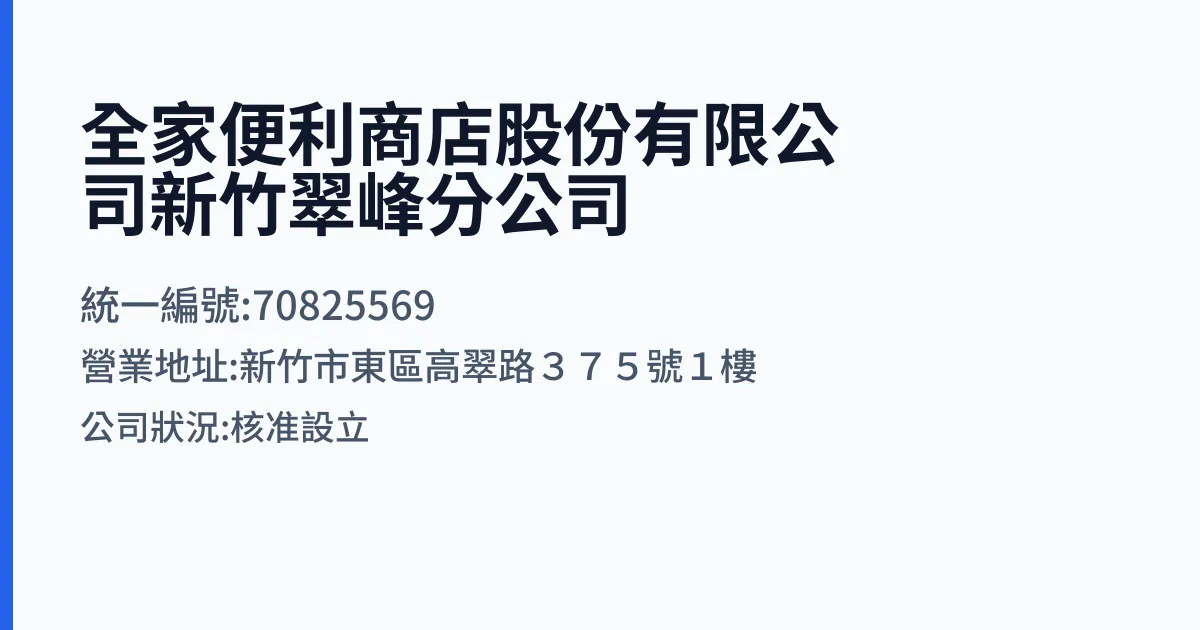 全家便利商店股份有限公司新竹翠峰分公司 - 統編 70825569(新竹市) 公司登記資料與營業項目詳細圖表