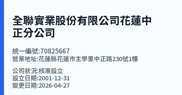 全聯實業股份有限公司花蓮中正分公司的照片-統編 70825667(花蓮縣) 公司登記資料與營業項目詳細圖表