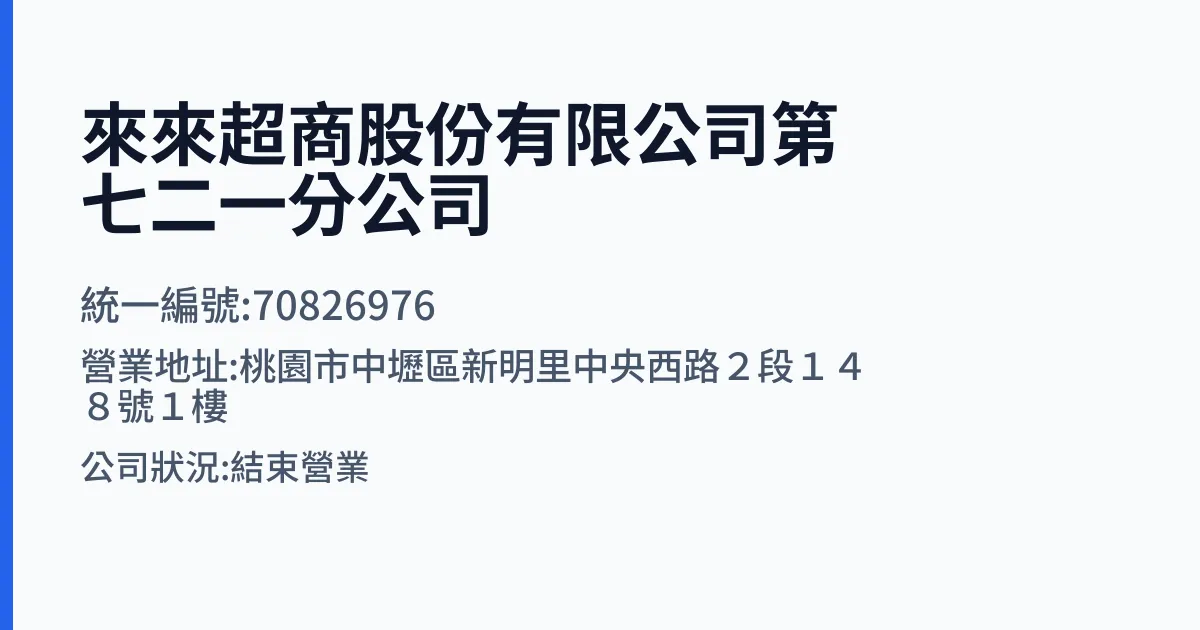 來來超商股份有限公司第七二一分公司 - 統編 70826976(桃園市) 公司登記資料與營業項目詳細圖表