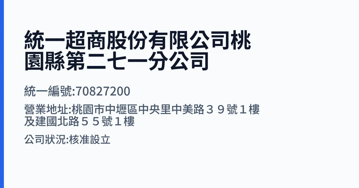 統一超商股份有限公司桃園縣第二七一分公司 - 統編 70827200(桃園市) 公司登記資料與營業項目詳細圖表