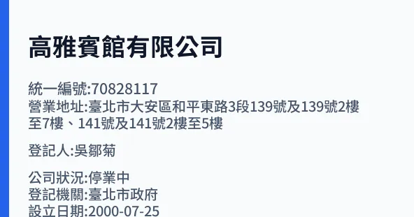 高雅賓館有限公司的照片-統編 70828117(臺北市) 公司登記資料與營業項目詳細圖表