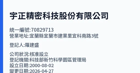 宇正精密科技股份有限公司的照片-統編 70829713(宜蘭縣) 公司登記資料與營業項目詳細圖表