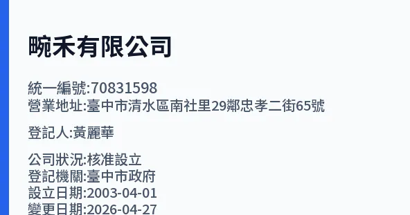 畹禾有限公司的照片-統編 70831598(臺中市) 公司登記資料與營業項目詳細圖表