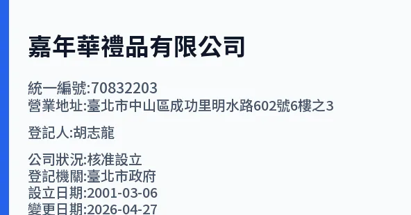 嘉年華禮品有限公司的照片-統編 70832203(臺北市) 公司登記資料與營業項目詳細圖表