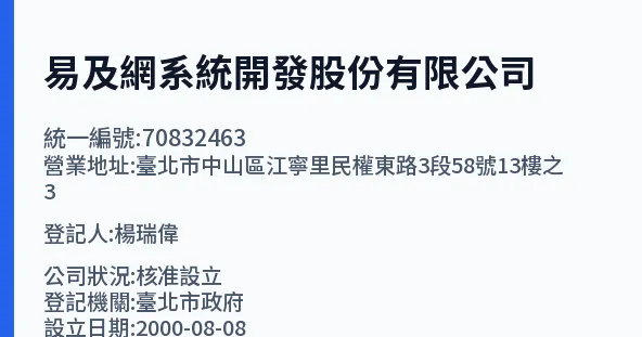 易及網系統開發股份有限公司的照片-統編 70832463(臺北市) 公司登記資料與營業項目詳細圖表