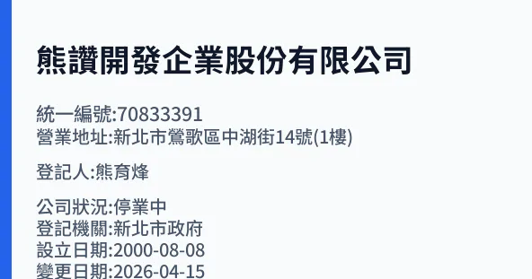 熊讚開發企業股份有限公司的照片-統編 70833391(新北市) 公司登記資料與營業項目詳細圖表
