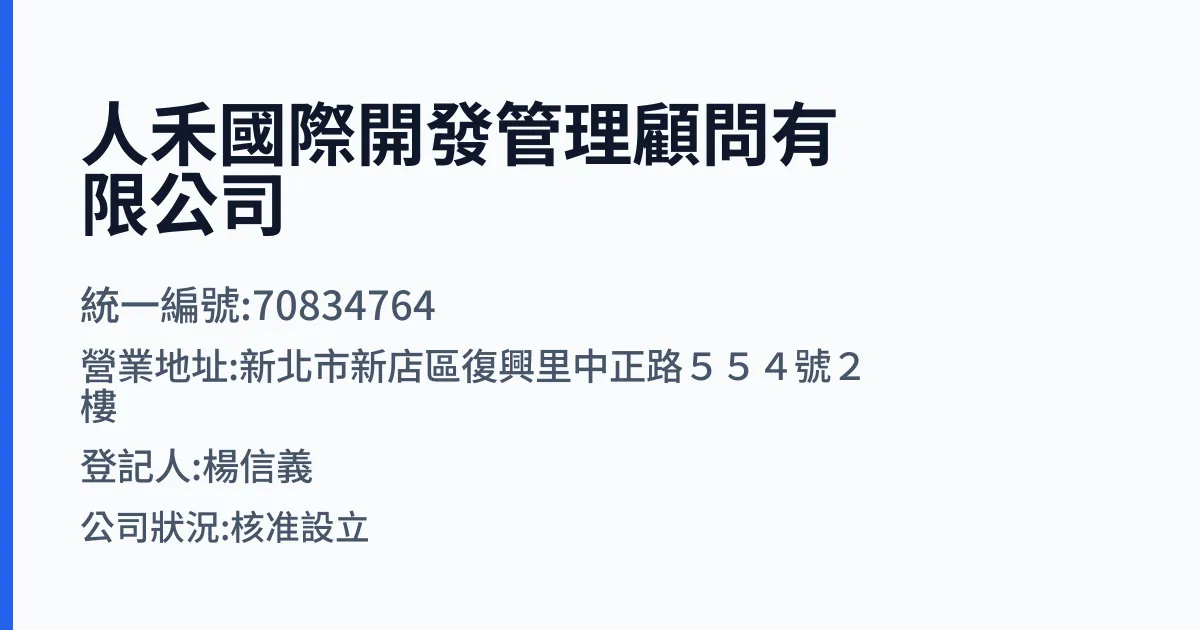 人禾國際開發管理顧問有限公司 - 統編 70834764(新北市) 公司登記資料與營業項目詳細圖表