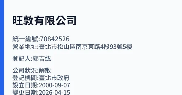 旺敦有限公司的照片-統編 70842526(臺北市) 公司登記資料與營業項目詳細圖表