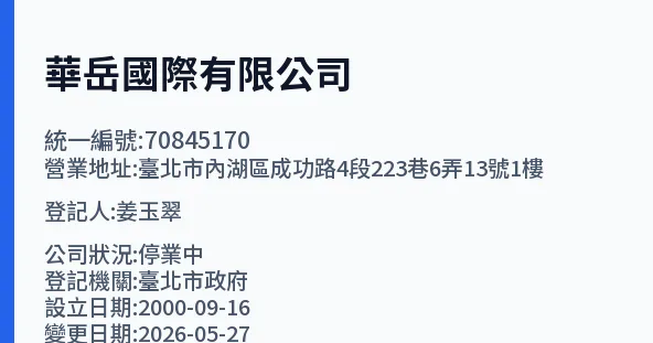 華岳國際有限公司的照片-統編 70845170(臺北市) 公司登記資料與營業項目詳細圖表