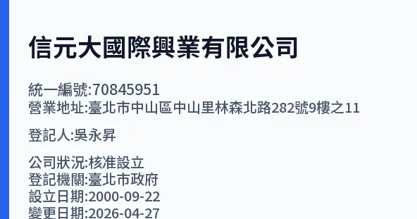 信元大國際興業有限公司的照片-統編 70845951(臺北市) 公司登記資料與營業項目詳細圖表