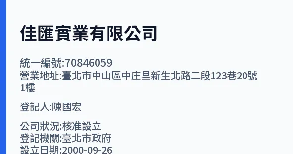 佳匯實業有限公司的照片-統編 70846059(臺北市) 公司登記資料與營業項目詳細圖表