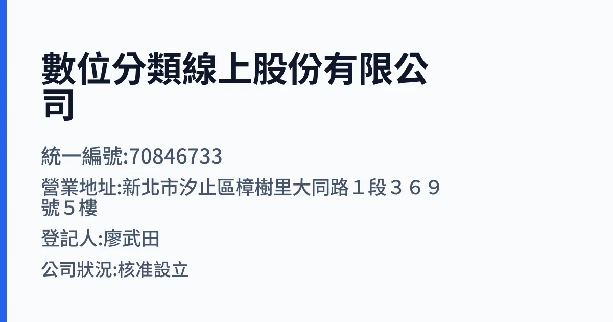 數位分類線上股份有限公司 - 統編 70846733(新北市) 公司登記資料與營業項目詳細圖表