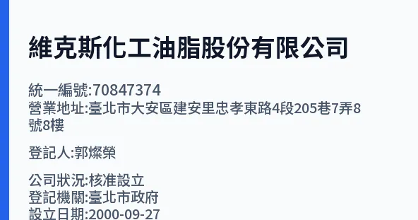 維克斯化工油脂股份有限公司的照片-統編 70847374(臺北市) 公司登記資料與營業項目詳細圖表