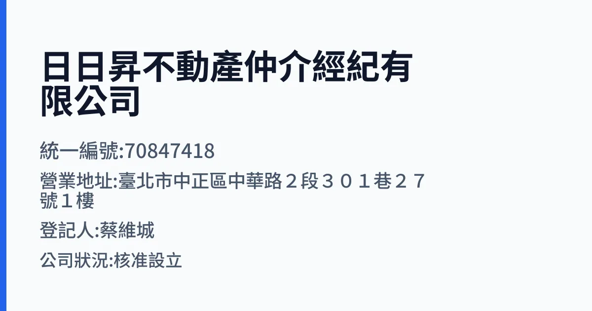 日日昇不動產仲介經紀有限公司 - 統編 70847418(臺北市) 公司登記資料與營業項目詳細圖表