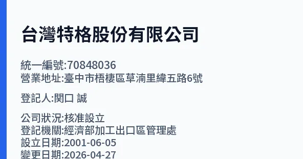 台灣特格股份有限公司的照片-統編 70848036(臺中市) 公司登記資料與營業項目詳細圖表