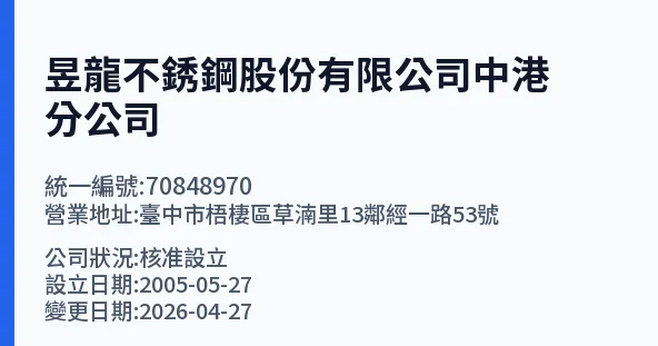 昱龍不銹鋼股份有限公司中港分公司的照片-統編 70848970(臺中市) 公司登記資料與營業項目詳細圖表