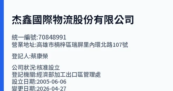 杰鑫國際物流股份有限公司的照片-統編 70848991(高雄市) 公司登記資料與營業項目詳細圖表