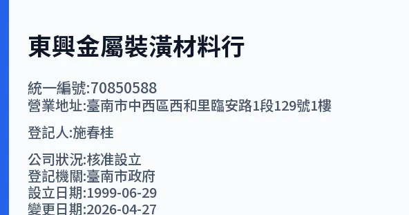 東興金屬裝潢材料行的照片-統編 70850588(臺南市) 公司登記資料與營業項目詳細圖表
