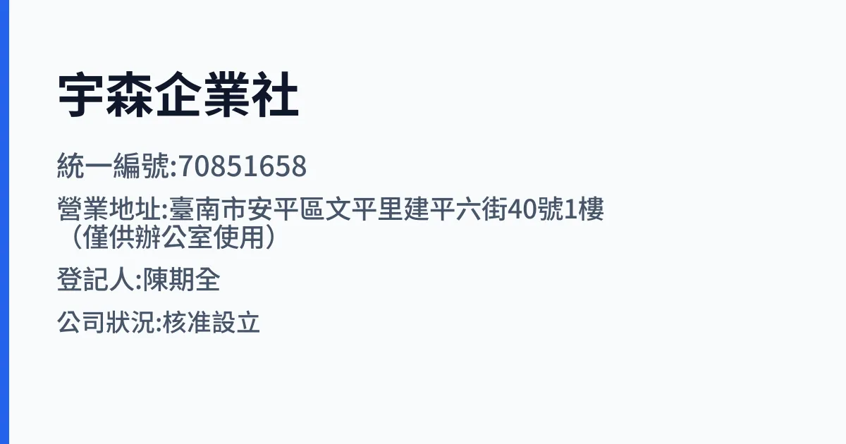 宇森企業社 - 統編 70851658(臺南市) 公司登記資料與營業項目詳細圖表