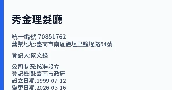 秀金理髮廳的照片-統編 70851762(臺南市) 公司登記資料與營業項目詳細圖表