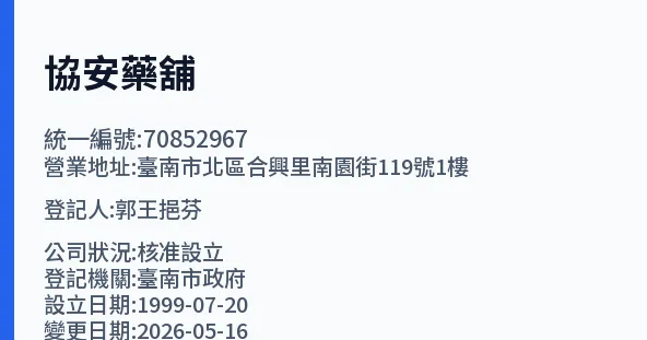 協安藥舖的照片-統編 70852967(臺南市) 公司登記資料與營業項目詳細圖表
