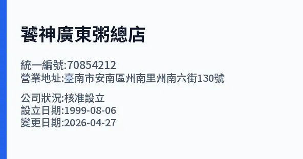 饕神廣東粥總店的照片-統編 70854212(臺南市) 公司登記資料與營業項目詳細圖表