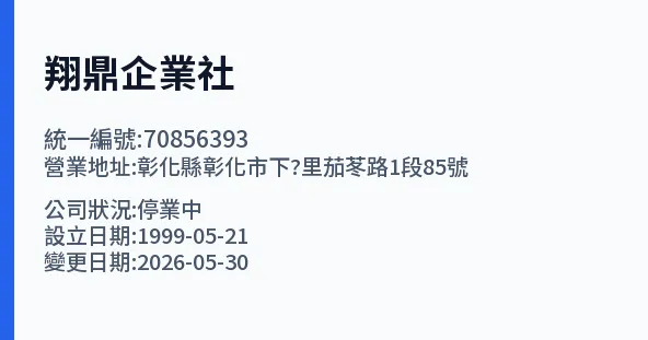 翔鼎企業社的照片-統編 70856393(彰化縣) 公司登記資料與營業項目詳細圖表