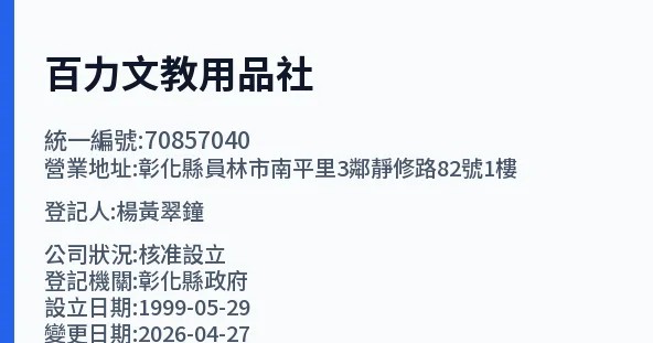 百力文教用品社的照片-統編 70857040(彰化縣) 公司登記資料與營業項目詳細圖表