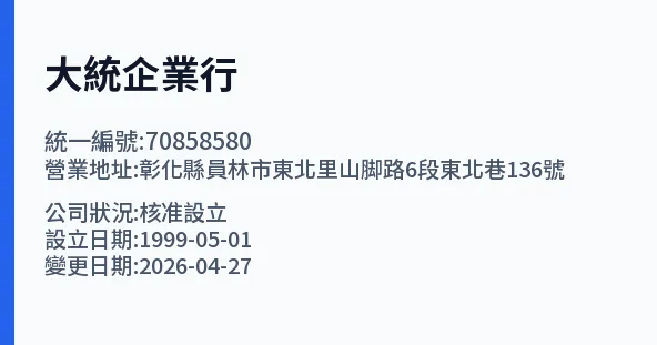 大統企業行的照片-統編 70858580(彰化縣) 公司登記資料與營業項目詳細圖表