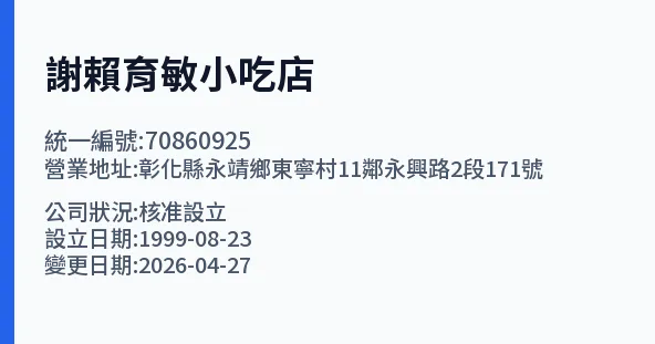 謝賴育敏小吃店的照片-統編 70860925(彰化縣) 公司登記資料與營業項目詳細圖表