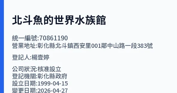 北斗魚的世界水族館的照片-統編 70861190(彰化縣) 公司登記資料與營業項目詳細圖表
