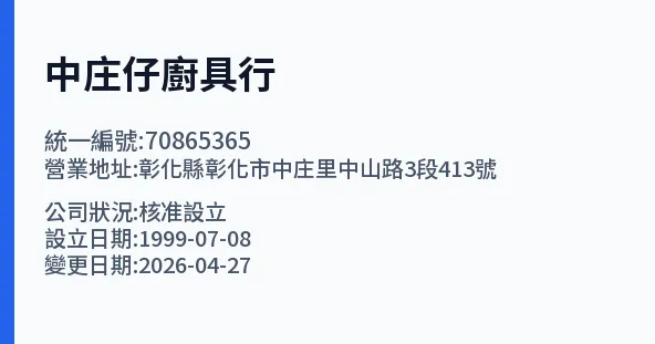 中庄仔廚具行的照片-統編 70865365(彰化縣) 公司登記資料與營業項目詳細圖表