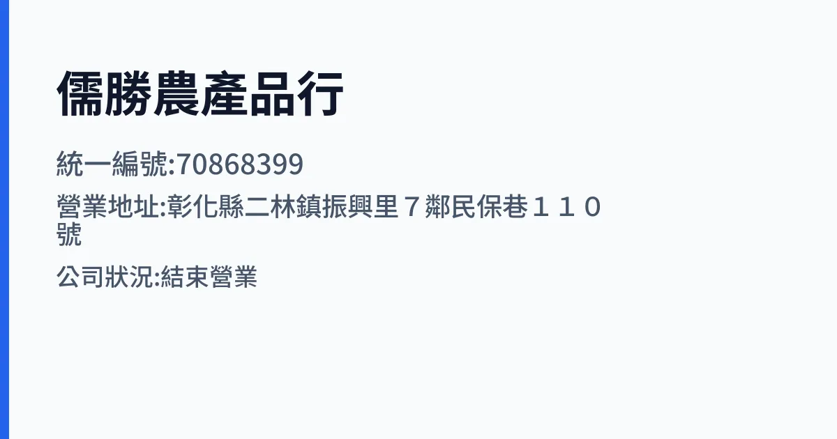 儒勝農產品行 - 統編 70868399(彰化縣) 公司登記資料與營業項目詳細圖表